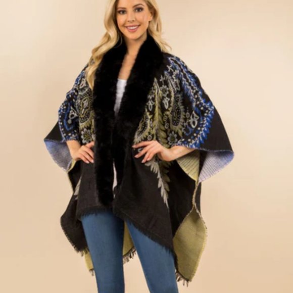 Accessories | Printed Faux Fur Trim Ruana Shawl | Poshmark